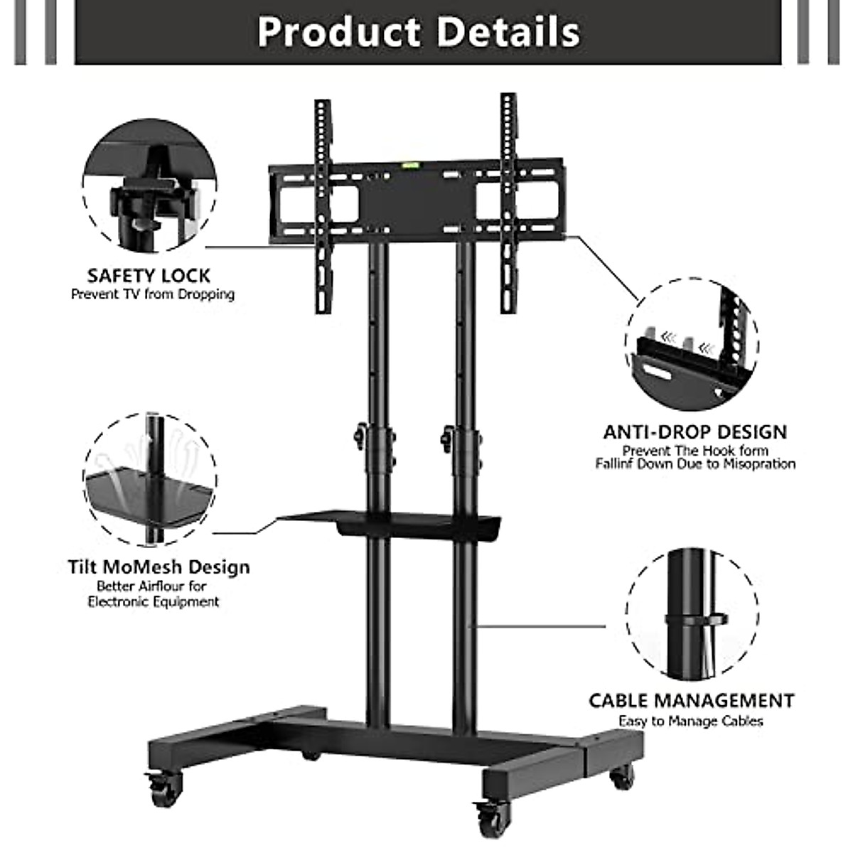 Mobile TV Stand on Wheels for 32-70 inch Flat Screen/Curved TVs, Television Stands with Wheels and Height Adjustable, Rolling TV Stand MAX VESA 600*400mm, TV Cart Rolling TV Stand with Shelf, Black