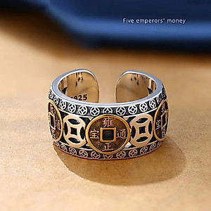 JUNTEN 925 Sterling Silver 13mm Wide Band Ring Feng Shui Wealth Rich Open Adjustable Rings for Women Menen