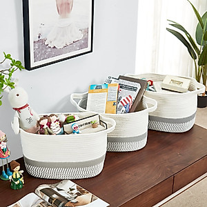 DECOMOMO Woven Baskets for Storage | Large Decorative Cotton Rope Basket for Organizing Baby Toy Book Nursery Kids Laundry Organizer 15" x 11" x 10" (Grey, Large – Set of 3)