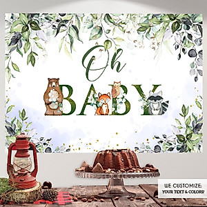 Sensfun Woodland Baby Shower Backdrop Oh Baby Greenery Forest Jungle Animals Photography Background Woodland Creatures Baby Shower Party Banner Decorations (7x5ft)