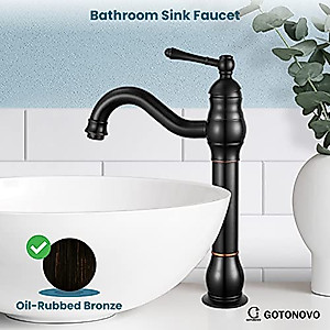 gotonovo Bathroom Vessel Sink Faucet Oil Rubbed Bronze with POP UP Drain Single Lever Handle 1 Hole Bowl Sink Mixer Tap Deck Mount Tall Spout Lavatory Vanity