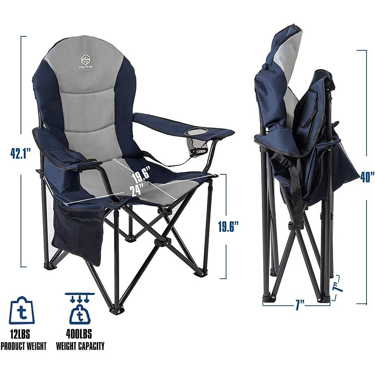 Coastrail Outdoor Camping Chair Oversized Padded Folding Quad Arm Chairs with Lumbar Back Support, Cooler Bag, Cup Holder & Side Pocket, Extra Head Pocket, Supports 400 lbs (Blue, Modern)