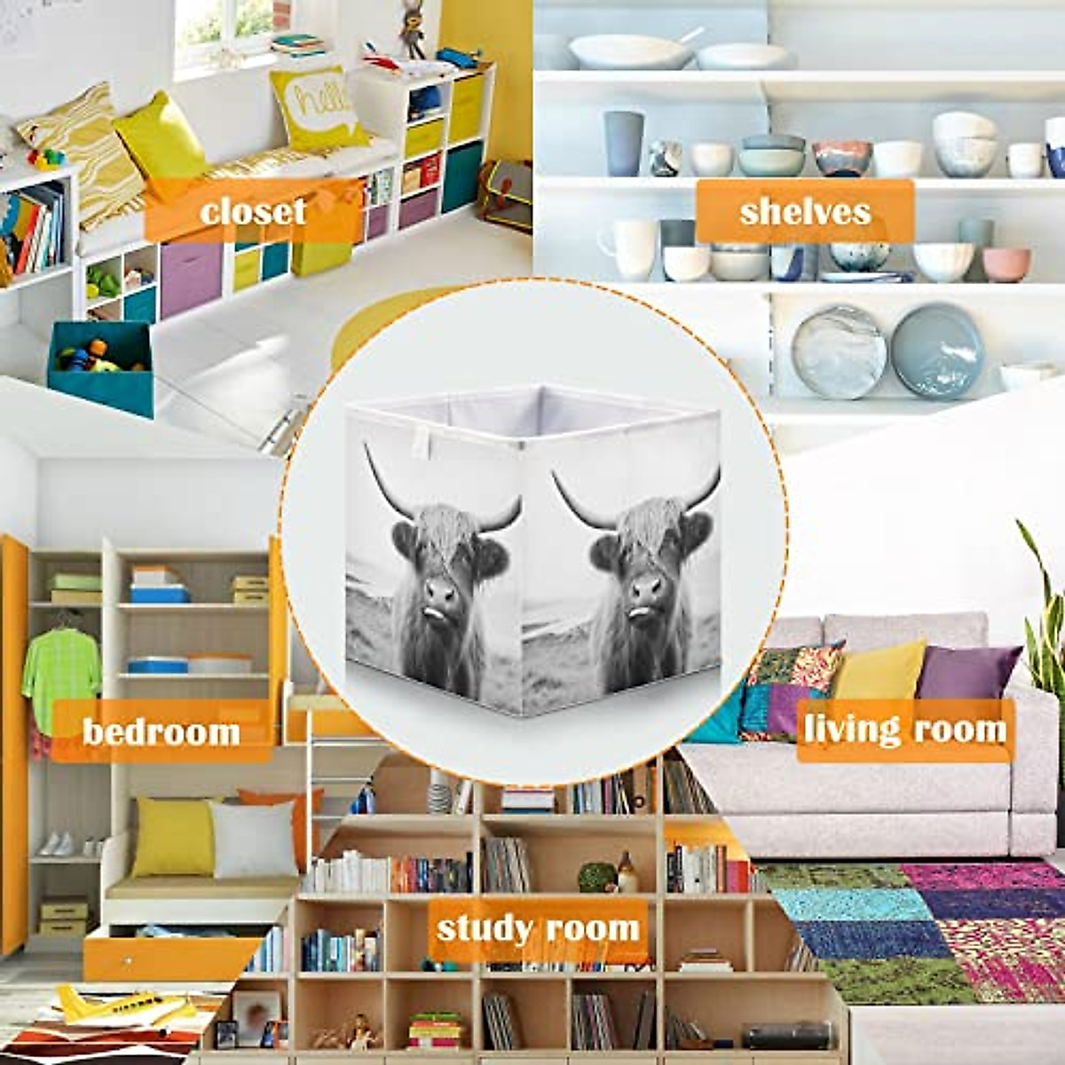 WELLDAY Storage Basket Highland Cow Foldable 11 x 11 x 11 in Cube Storage Bin Home Decor Organizer Storage Baskets Box for Toys, Books, Shelves, Closet, Laundry, Nursery