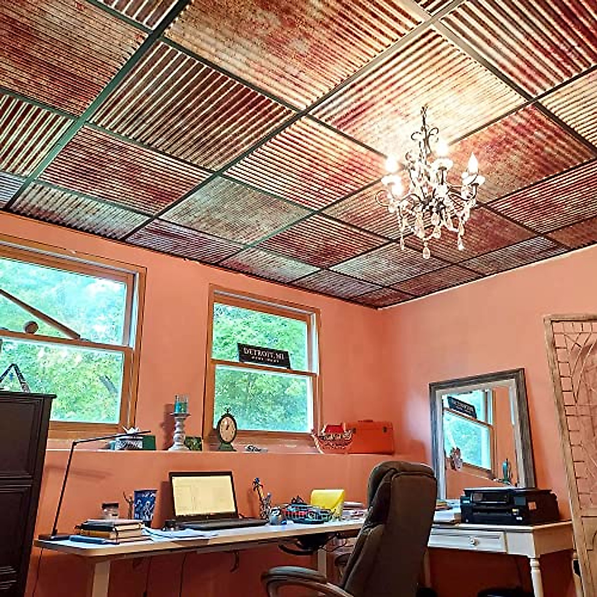 From Plain To Beautiful In Hours 261 Ridged Metal PVC 2' x 2' Lay-in Ceiling Tile (Covers / 40 sq.ft), Old Tin Roof, 10 Piece