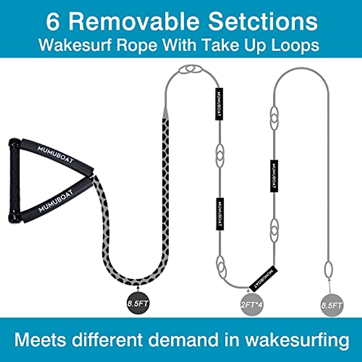 MUMUBOAT 25ft Wakesurf Rope with EVA Handle, 6 Sections Floating Watersport Ropes for Surfing (Grey & Black)