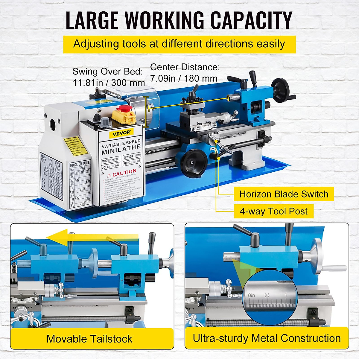 VEVOR Metal Lathe 7"x12",Precision Bench Top Mini Metal Lathe 550W, Metal Lathe Variable Speed 50-2500 RPM Nylon Gear With A Movable Lamp for Precision Parts Processing