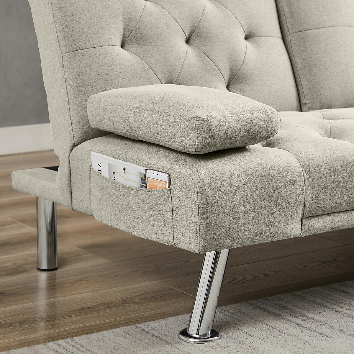 VIPKOE Folding Futon Linen Sofa Bed Adjustable Couch Sleeper for Living Room Stainless Steel Frame and Feet with 2 Cup Holders，Removable Armrests 700lb Capacity (Beige)