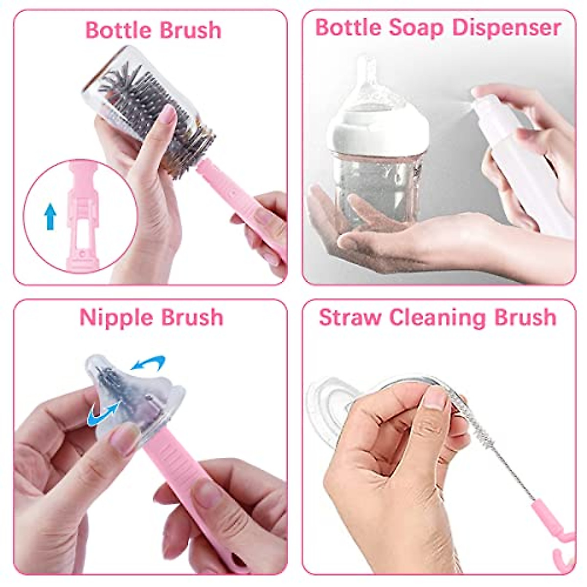 6 in 1 Baby Bottle Brush Set, Bottle Cleaner Kit with Silicone Bottle Brush, Nipple Brush, Straw Cleaning Brush, Soap Dispenser, Baby Bottle Drying Rack for Travel and Home Use (Pink)
