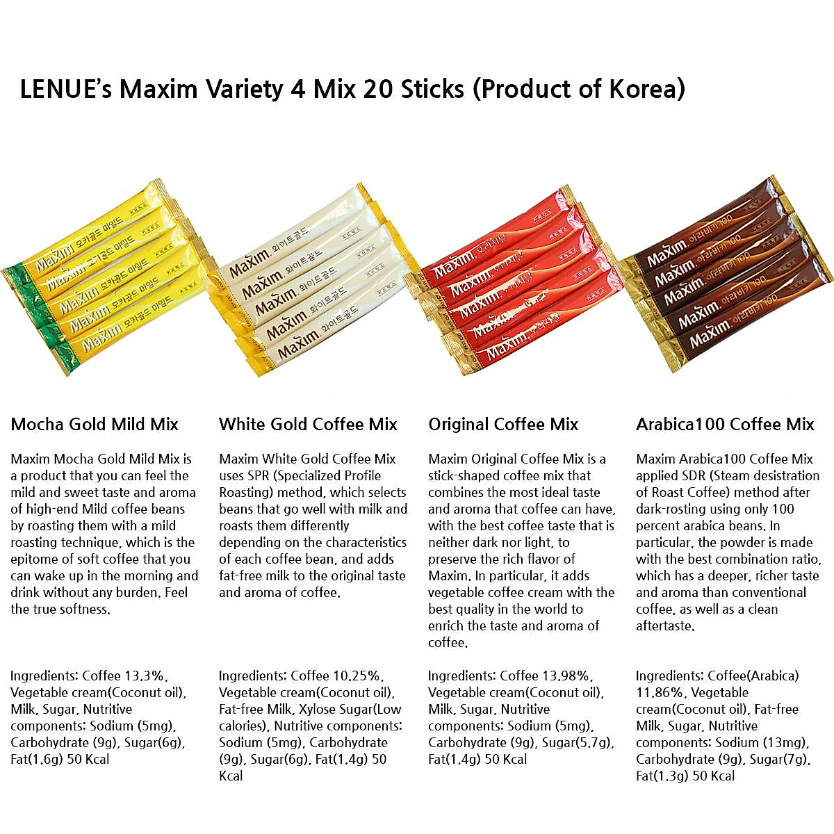Korean 3 in 1 Instant Coffee Variety Sample Packets with Gift Box Set, Camping Essentials, Maxim Instant Coffee Mix Combination 20 Sticks