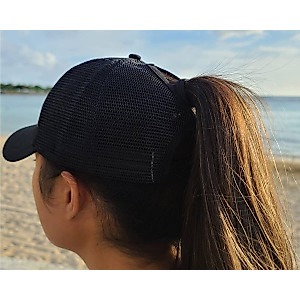 Solid Ponytail Hat Baseball Cap Cotton Mesh High Bun Pony Cap Women 56-58cm (22"-23") (Black_and_Grey_2pcs, Adjustable, m)
