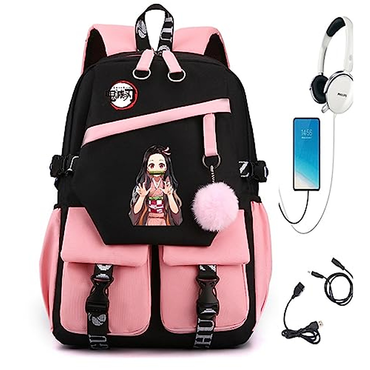SPIRTUDE Anime backpack Nezuko Backpack Laptop Backpacks with USB Charging Port Travel Bag Daypack Cosplay Backpack (Pink)