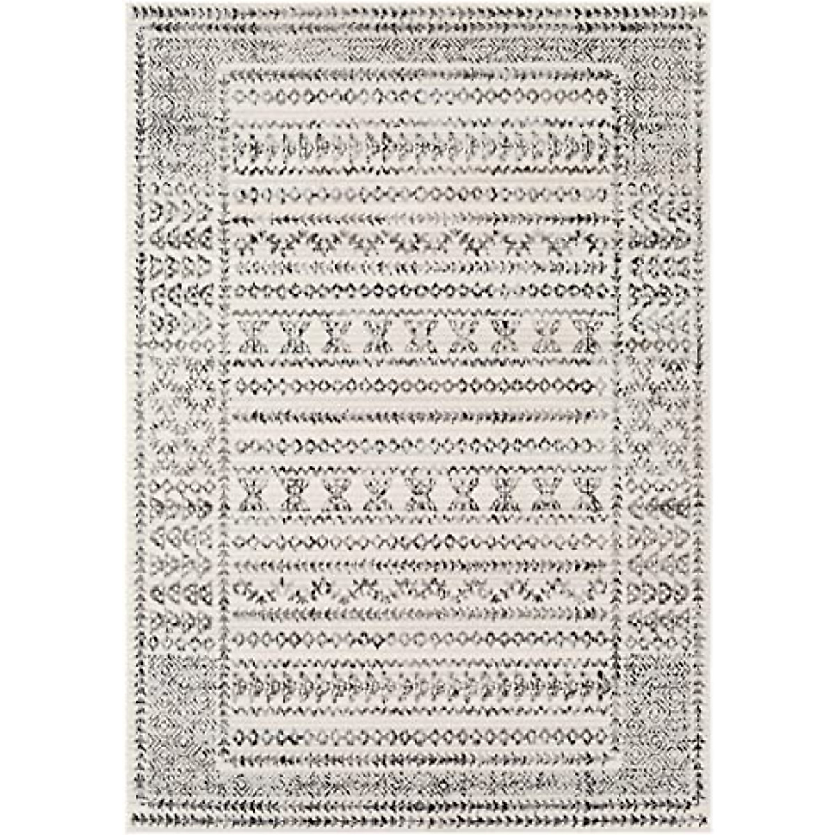 Greig Bohemian Farmhouse Living Room Bedroom Area Rug - Neutral Boho Carpet - Bordered - Off White, Black, Grey, Beige - 6'7" x 9'