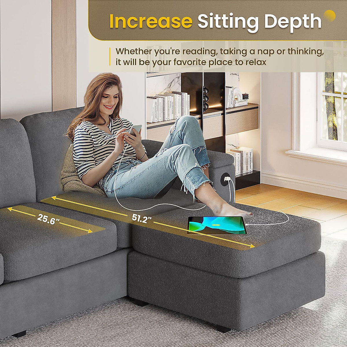 SEDETA U Shaped Couch, Sectional Sofa Couch with Storage Seat, Chenille Dark Grey