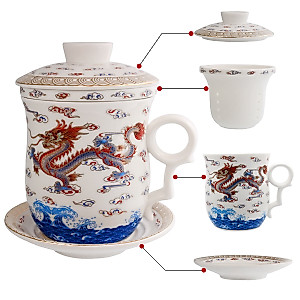 Ameolela Porcelain Tea Cup with Infuser Lid and Saucer Sets - Chinese Jingdezhen Ceramics Coffee Mug Teacup Loose Leaf Tea Brewing System for Home Office