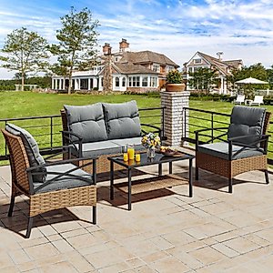YITAHOME 4-Piece Patio Furniture Wicker Outdoor Bistro Set, All-Weather Rattan Conversation Loveseat Chairs for Backyard, Balcony and Deck with Soft Cushions and Metal Table (Light Brown+Gray)