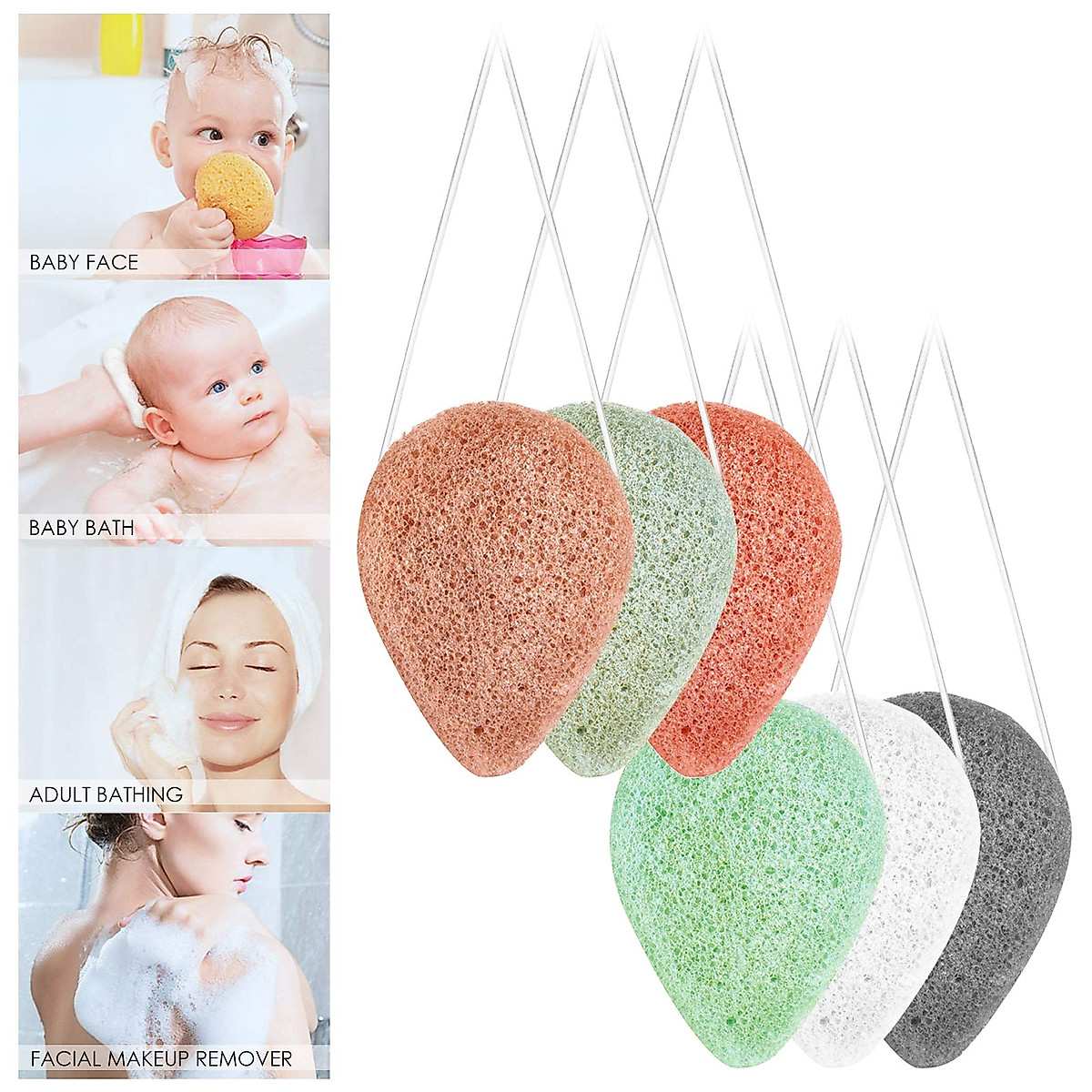 6 Pack Natural Konjac Facial Sponges, findTop 6 Colors Konjac Facial Sponges for Gentle Face Cleansing and Exfoliation