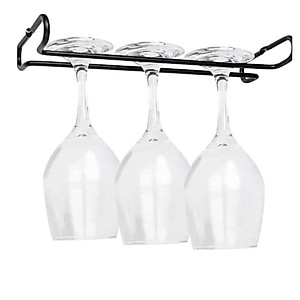MILEE Wine Glass Rack Under Cabinet Stemware Wine Glass Holder Glasses Storage Hanger Metal Organizer for Bar Kitchen Black 1 Rows