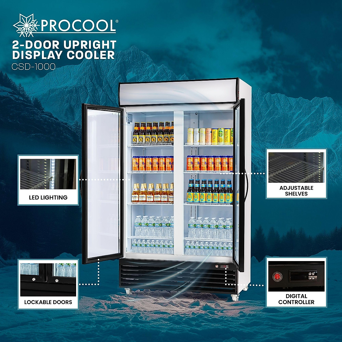 Procool Refrigeration Glass 2 Door Upright Display Cooler "Ice Cold Drinks" Design; 35 Cubic Ft., 45" Wide