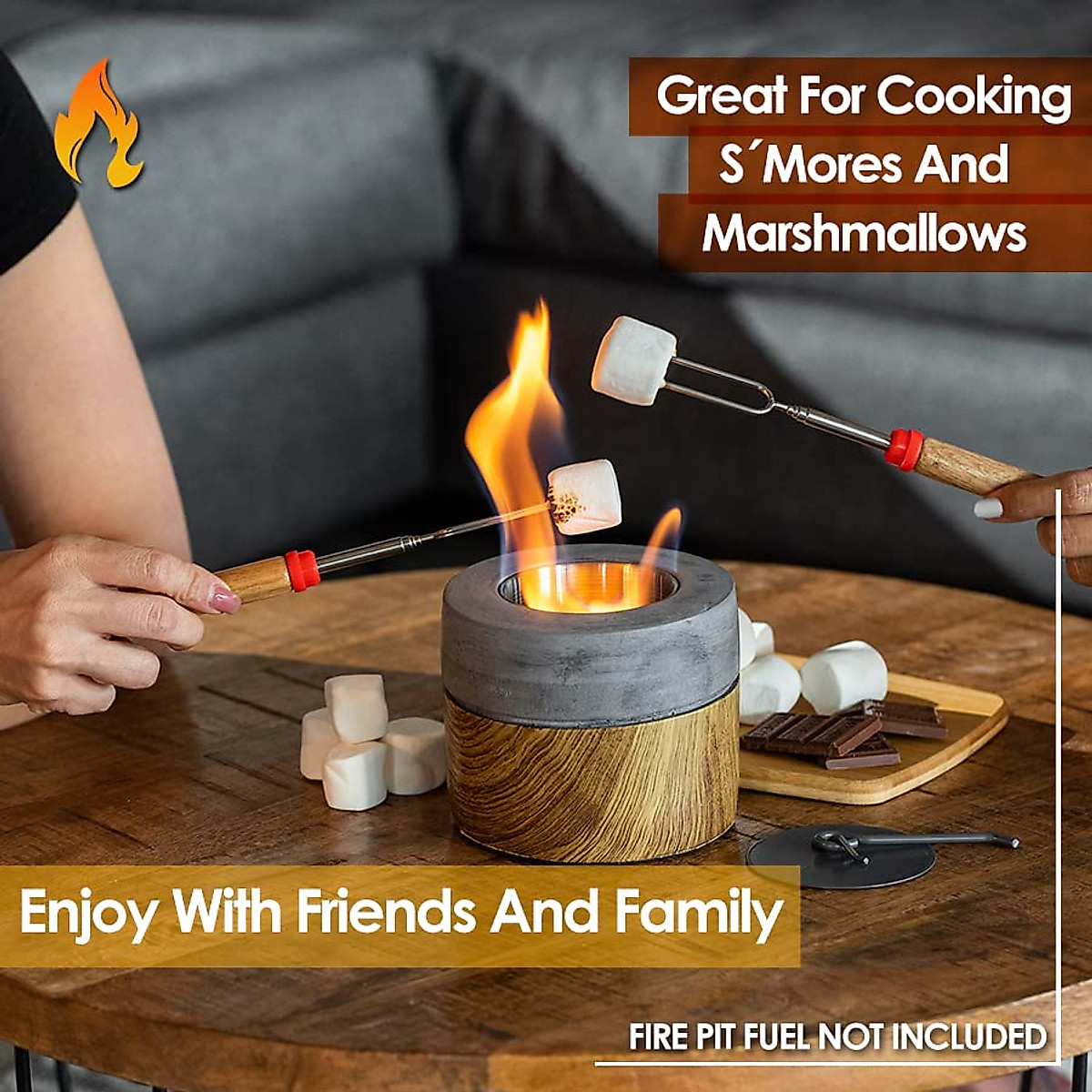 2 Pack Gardenix Decor Concrete Tabletop Fire Pits Round Wood Design; Burns Ethanol and Multiple Fuels; 2 Extending Marshmallow Roasting Stick Forks; Table Top Fire Pit Bowl / Mini Tabletop Fireplace