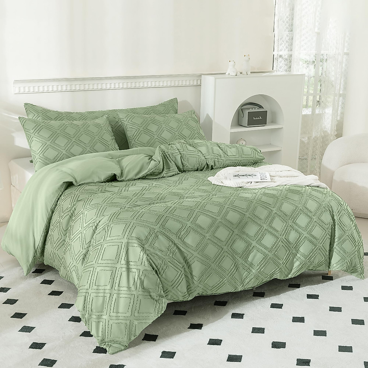 JELLYMONI Light Green Duvet Cover Twin Size - 3 PCS Microfiber Tufted Duvet Cover Set, Boho Textured Duvet Cover Jacquard Rhombus Geometric Pattern Duvet Cover with Corner Ties & Zipper Closure