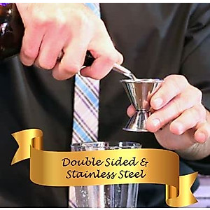 Mnixy STR-4-PRO 4 Prong Strainer with Tight Coil and Double Sided Jigger Cocktail, Stainless Steel, Silver