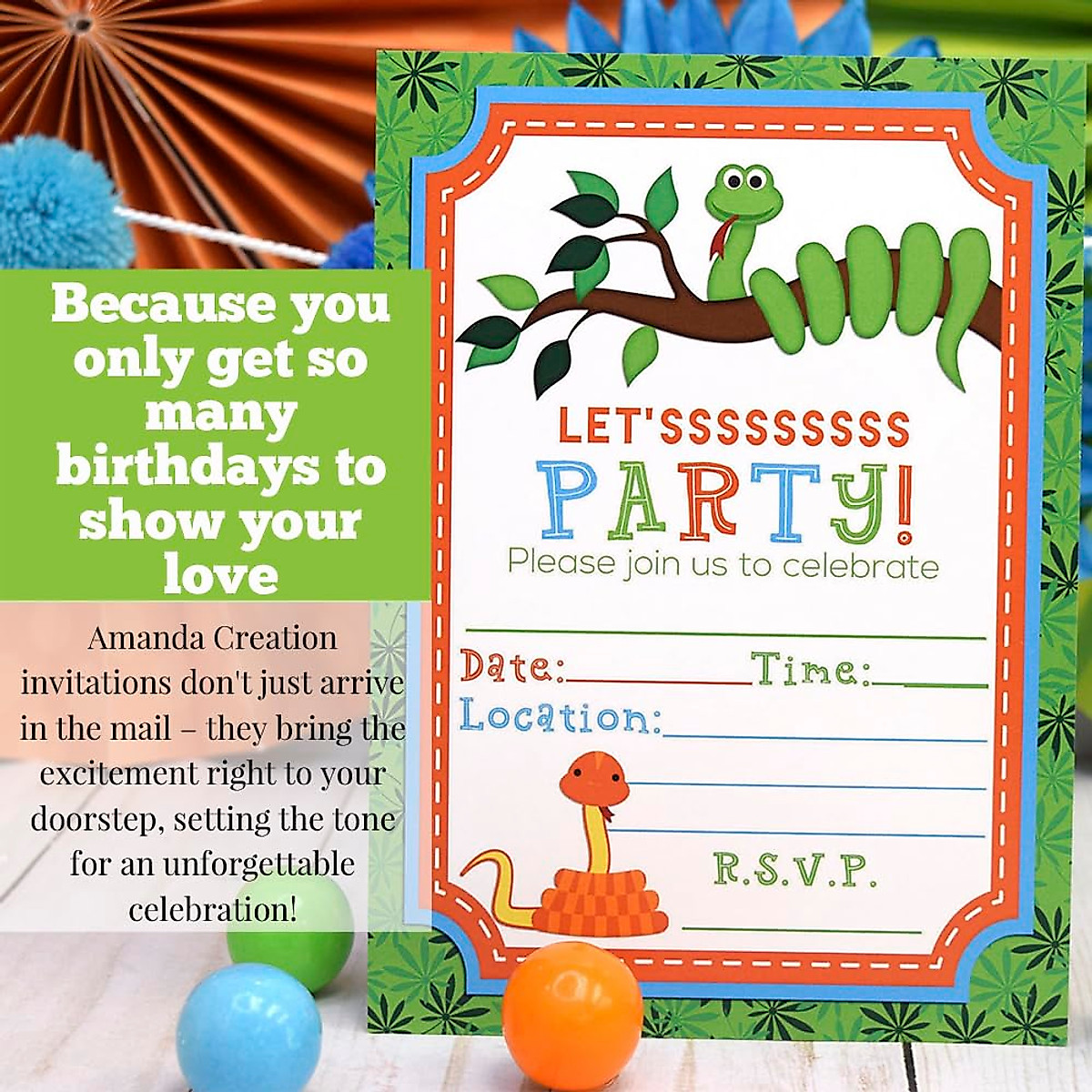 Snake Themed Birthday Party Invitations, 20 5x7 Fill In Cards with Twenty White Envelopes by AmandaCreation