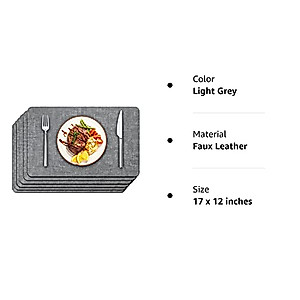 Maxpearl Faux Leather Placemats Set of 6 - Waterproof - Wipe Clean - Heat Resistant - Anti Slip Dining Table Place Mats, Suitable for Indoor & Outdoor Use, 17’’×12’’, Grey