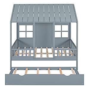 Bellemave Full House Beds with Trundle and Rails Wooden Kids Montessori Bed with Wall and Windows Wood Playhouse Tent Bed Frame for Girls Boys, Full Size, Gray