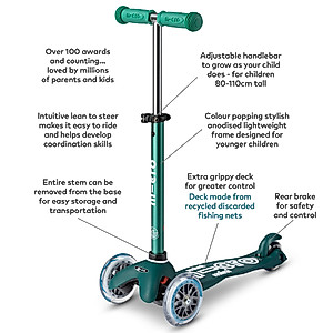 Micro Kickboard - Mini Deluxe Eco, 3-Wheeled, Lean-to-Steer, Swiss-Designed Micro Scooter Made with Recycled and Sustainable Materials, for Preschool Kids, Ages 2-5 (Dark Green)