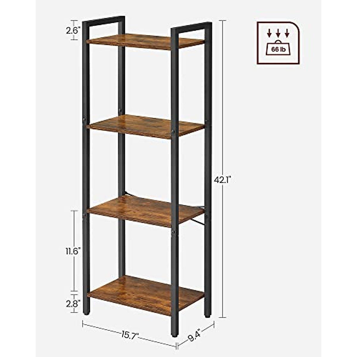 VASAGLE 4-Tier Bookshelf, Small Bookcase, Narrow Book Shelf for Small Space, 9.4 x 15.7 x 42.1 Inches, for Living Room, Office, Study, Entryway, Industrial Style, Rustic Brown and Black ULLS099B01