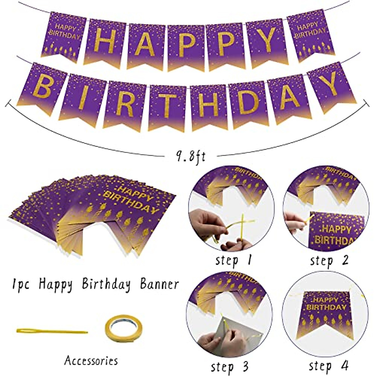 Birthday Decorations for Women Purple, Happy Birthday Banner Purple, Purple and Gold Party Decorations for Purple Birthday Backdrop…