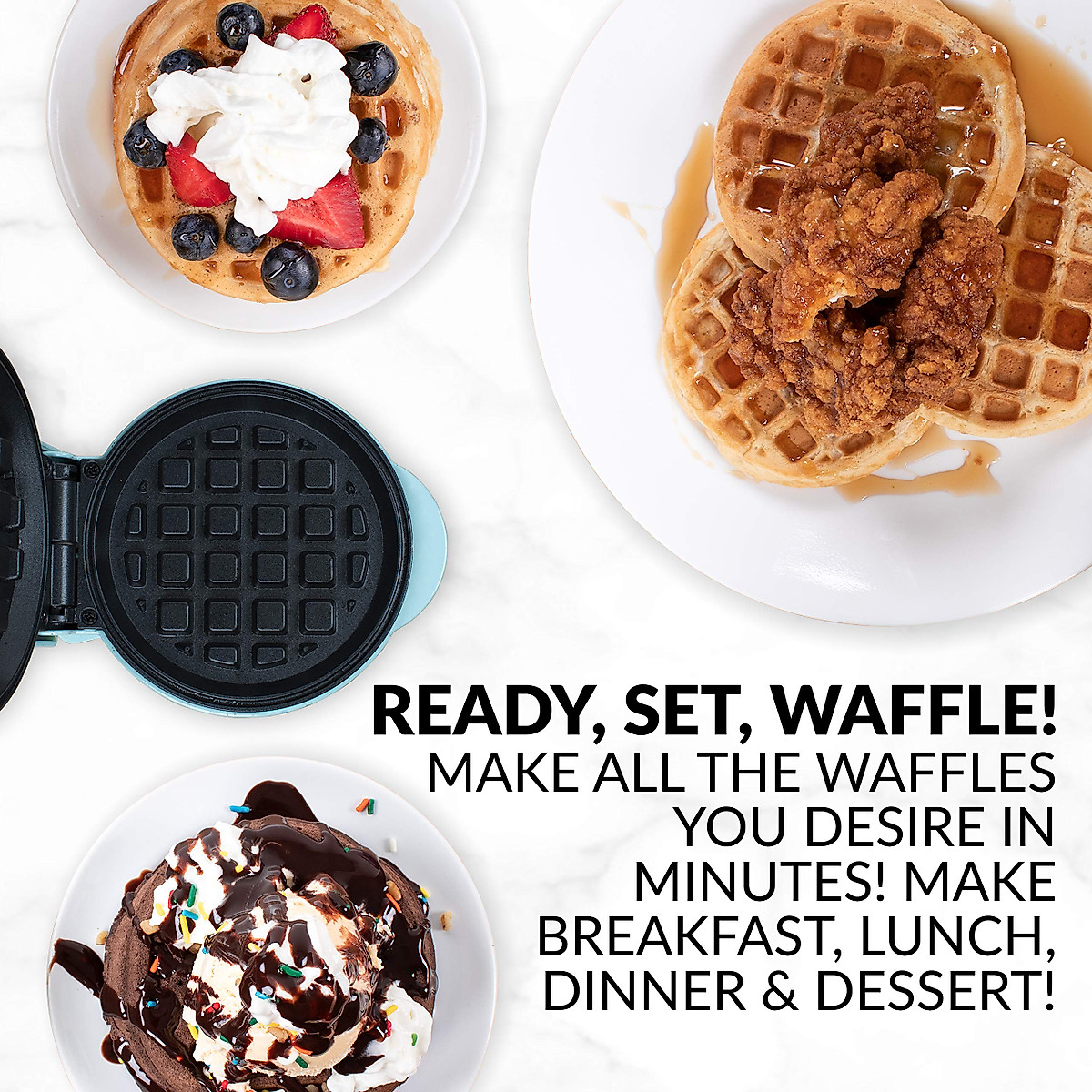 Nostalgia MyMini Personal Electric Waffle Maker, 5-Inch Cooking Surface, Waffle Iron for Hash Browns, French Toast, Grilled Cheese, Quesadilla, Brownies, Cookies, Aqua