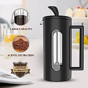 BOMPCAFE 2-4 Cups French Press Coffee Maker Cafetiere - 600ML - 4 Level Filtration System, Heat Resistant Borosilicate Glass with Stainless Steel Filter, 21 oz/600 ML