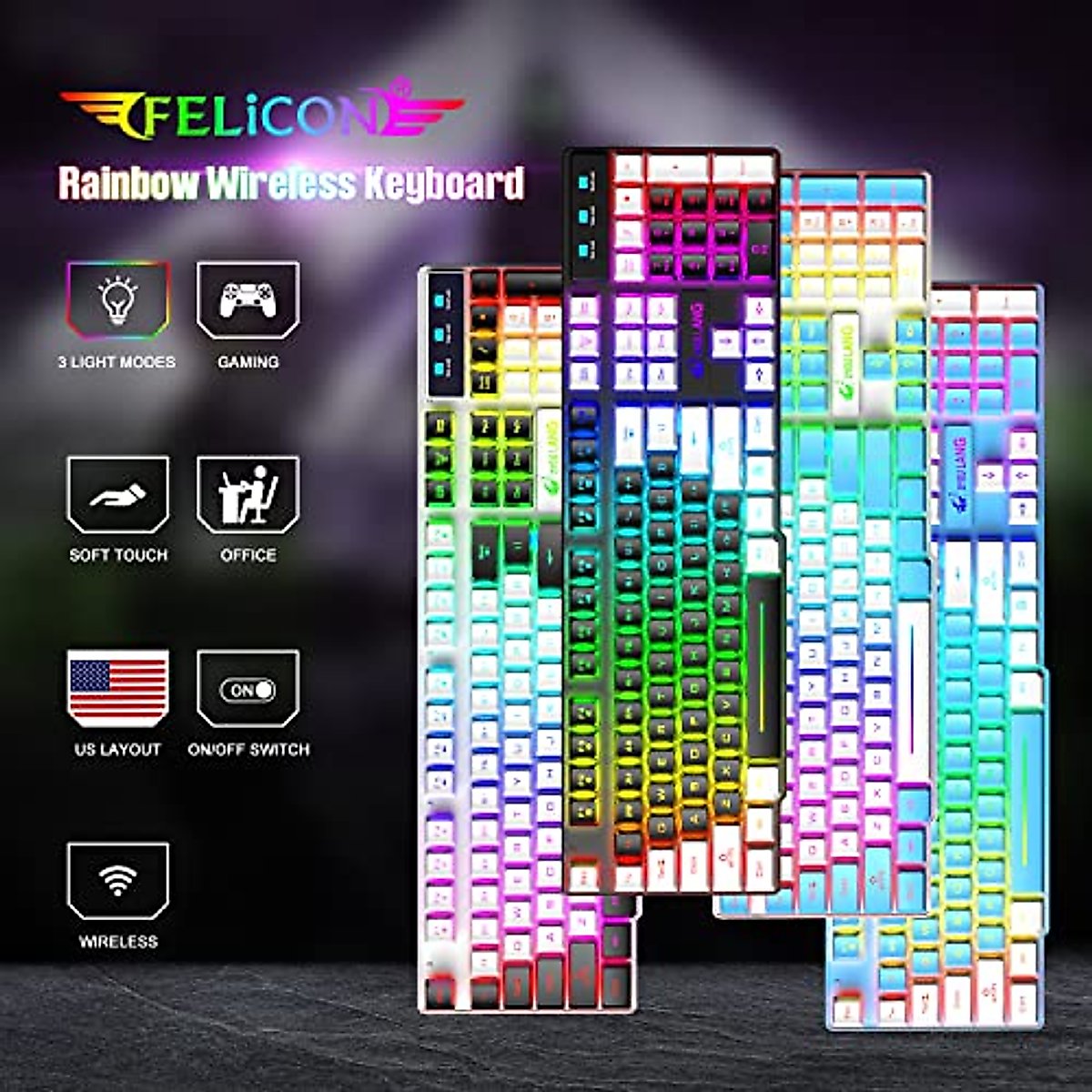 Wireless Gaming Keyboard and Mouse Combo Muti-Color Keycaps Rainbow Backlit Mechanical Feel Keyboard RGB Carck Luminescent Mice Mouse Pad for PC/Mac Gamer, Typist, Travel