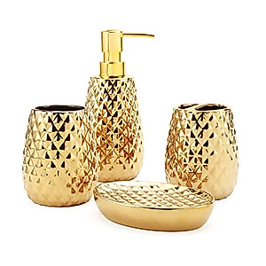 Ceramic Bathroom Accessories Set 4 Piece Contain Toothbrush Holder, Tumbler, Soap Dispenser, Soap Dish, Accessories para baño for Restroom Apartment Bathroom Decor Stuff and Gift Set （Gold）