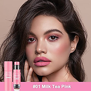 Erinde Cream Blush Stick with Brush, Cream Blush for Cheeks, Lightweight Light Pink Blush Stick, Waterproof, Long-lasting, 3 In 1 Cheek Blush & Lip Tint & Eyeshadow Makeup Stick, 01# Milk Tea Pink