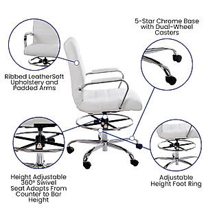 Flash Furniture Adjustable Height Drafting Chair - Contemporary Mid-Back White LeatherSoft Drafting Stool Chair - Adjustable Foot Ring & Chrome Base