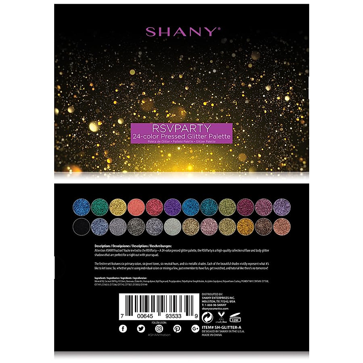 SHANY RSVParty Makeup Glitter Eyeshadow Palette - 24 Long-Lasting Pressed Glitter Pigments for Face and Body - Ultra Pigmented Glitter Makeup set with a Makeup Brush. Full Size Eyeshadow Pan.