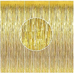 3Pcs Gold Metallic Tinsel Foil Fringe Curtains, Gold Foil Fringe Curtain Backdrop Metallic Tinsel Streamers Backdrop for Birthday Baby Shower Party Photo Booth Props Decoration