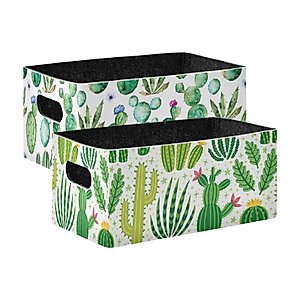 Emelivor Cactus Storage Basket Bins Set (2pcs) Felt Collapsible Storage Bins with Dual Handles Closet Storage Bins for Laundry Room Organization