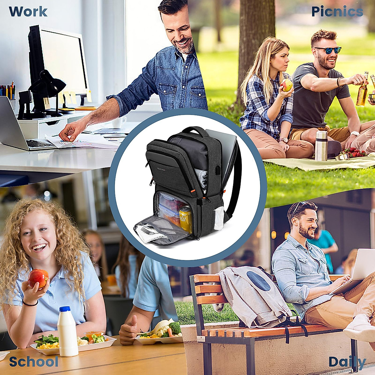 Lunch Backpack, Insulated Cooler Backpack Lunch Box for Men Women, 15.6 Inches RFID Blocking Laptop Backpack with USB Port, Water Resistant Leak-proof Lunch Bag for Work School Picnics Hiking Black