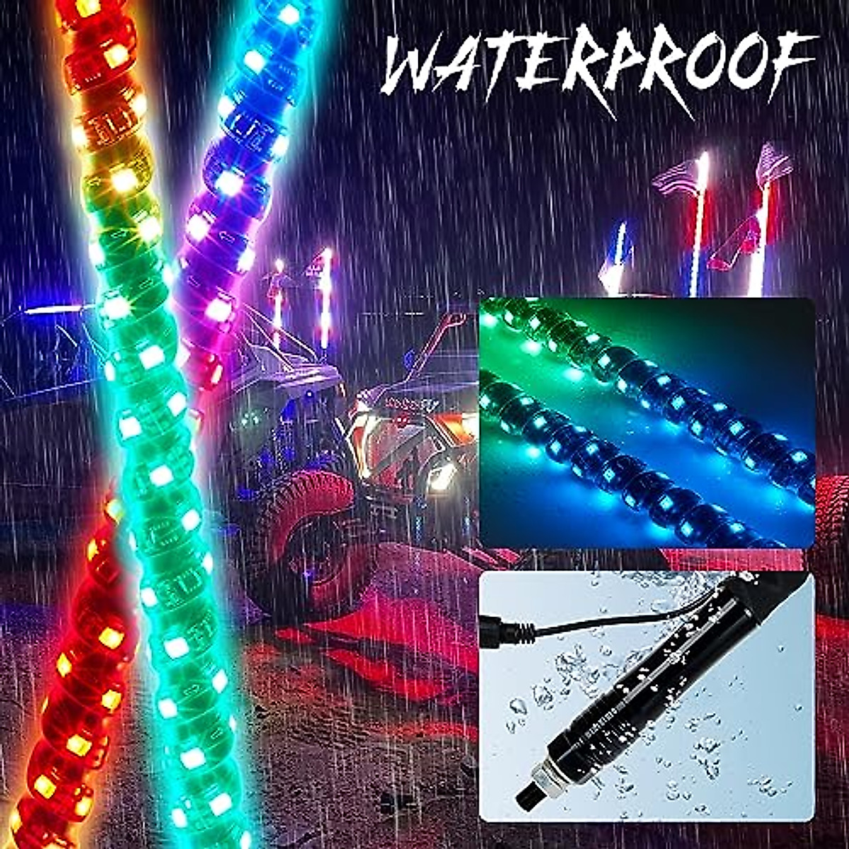 SUZCO 2PCS 2FT Heavy-Duty LED Chasings Spiral Whip Lights with IR&RF&APP, Pure White 6000K 138Leds Dancing Whip Light with Turn/Brake/Warning/Reverse Signal Fit for ATV UTV RZR Off-Road Truck Can-Am