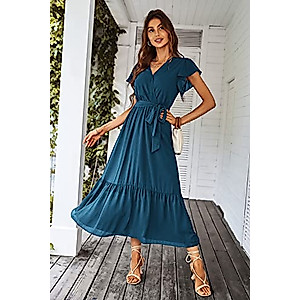 PRETTYGARDEN Women's 2023 Floral Boho Dress Wrap V Neck Short Sleeve Belted Ruffle Hem A-Line Flowy Maxi Dresses (Solid Lake Blue,X-Large)