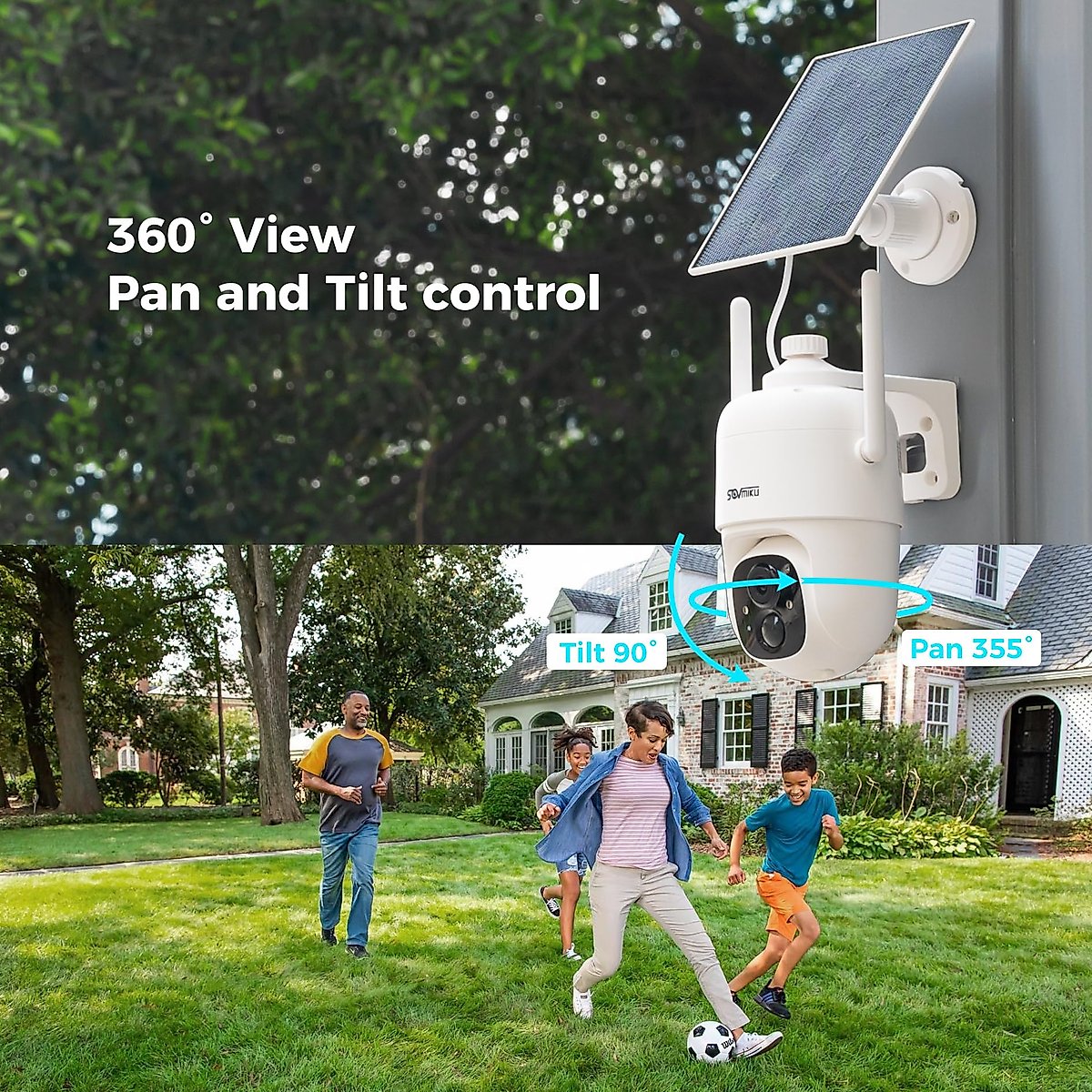 Sovmiku CQ1 AI 2K Solar Security Camera Wireless Outdoor, Battery Powered Cam, Two-Way Audio,PIR Motion Detection, Easy to Setup, Pan/Tilt 360° View,Color Night Vision,Audible Flashlight Siren,SD Slot