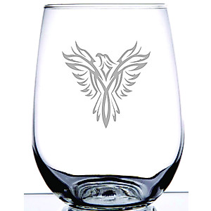 Phoenix Bird Stemless Wine Glass | Permanently Laser Etched | 15 Ounce