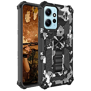 Ysnzaq Military Grade Camo Case for Xiaomi Redmi Note 12 4G (Not 5G), Rugged Shockproof Armor Phone Cover with Built in Kickstand for Xiaomi Redmi Note 12 4G MC Marble Black