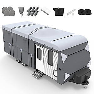 XGEAR RV Cover Travel Trailer Covers Fits 27'-30' Rv Trailer, Durable Premium Solar Shield Camper Cover with 4 Tire Covers, Repair Patches, 2 Extra Straps