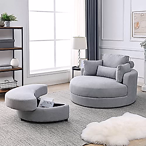 FULife Oversized Swivel Accent Barrel Chair with Storage Ottoman+4 Pillows,Comfy Upholstered 360 Recliner Sofa Club Chaise Leisure Round Loveseat Lounge Armchair for Living Room/Hotel/Nursery