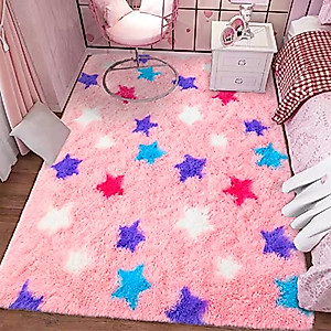 ST. BRIDGE Soft Shag Rug for Girls Bedroom, Fluffy Bedroom Carpet for Princess Castle Baby Toddlers Kids Room Decor, Anti-Skid Fuzzy Cute Nursery Mats Living Room Dorm Plush Carpet, Pink 4 x 6 Feet
