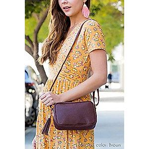 Classic Vegan Leather Small Crossbody Handbag - Rectangle Camera Travel Purse Satchel Shoulder, Round Messenger Bag (Tassel Camera Bag - Black)